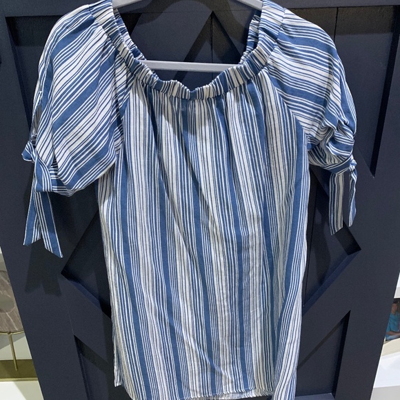 THML | Dresses | Thml Blue White Striped Off The Shoulder Dress | Poshmark